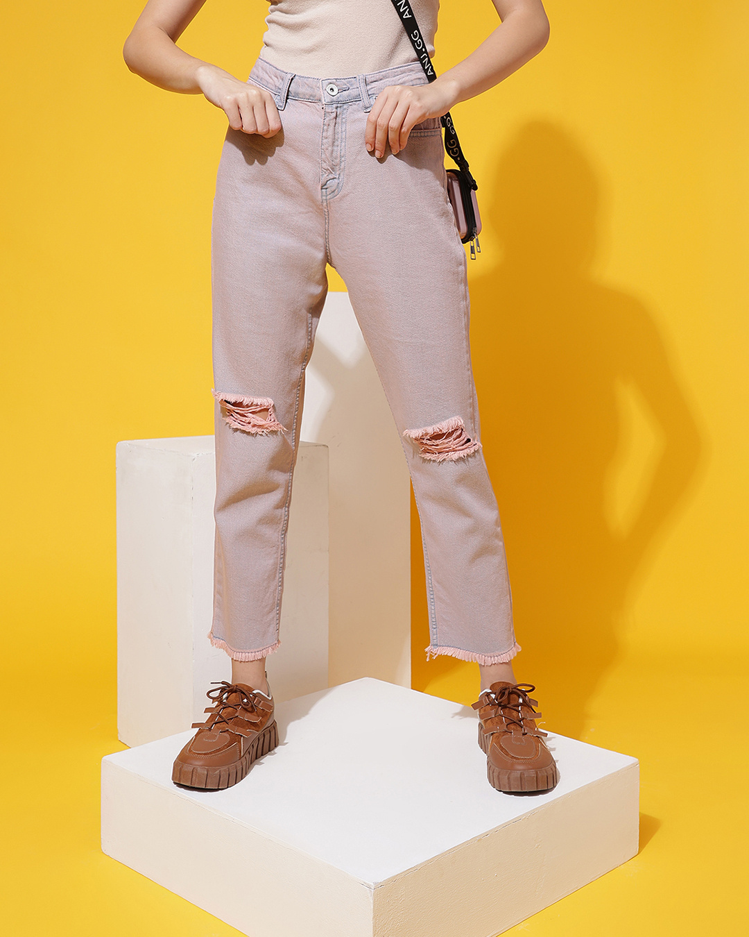 Buy Women's Pink Distressed Boyfriend Fit Jeans Online at Bewakoof