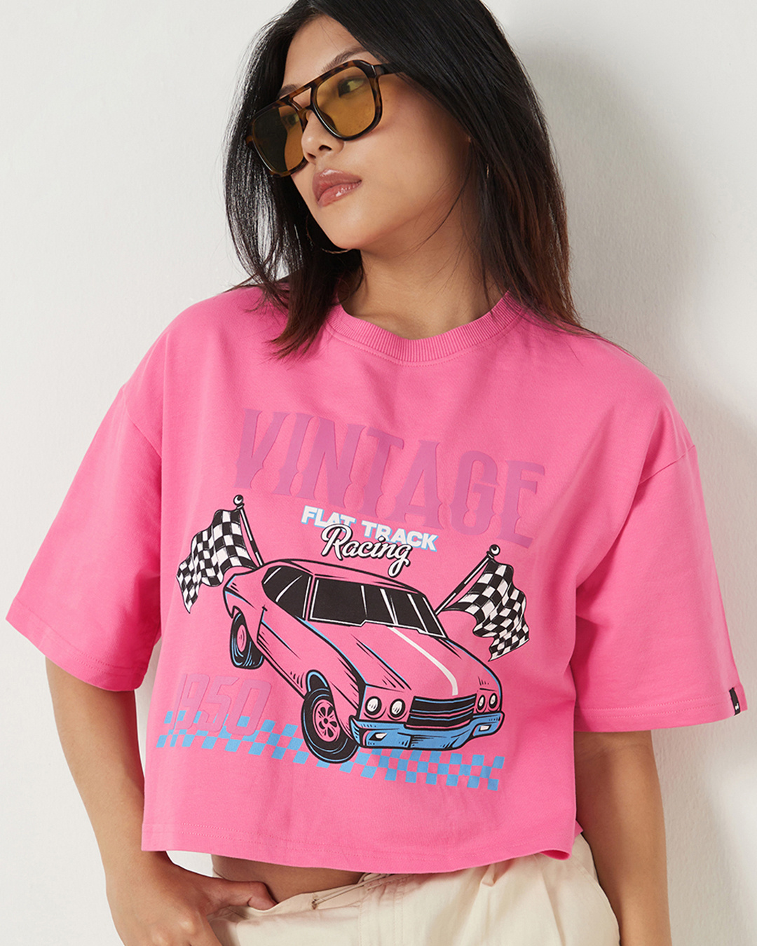 Buy Women's Pink Vintage racing Graphic Printed Oversized Short Top ...