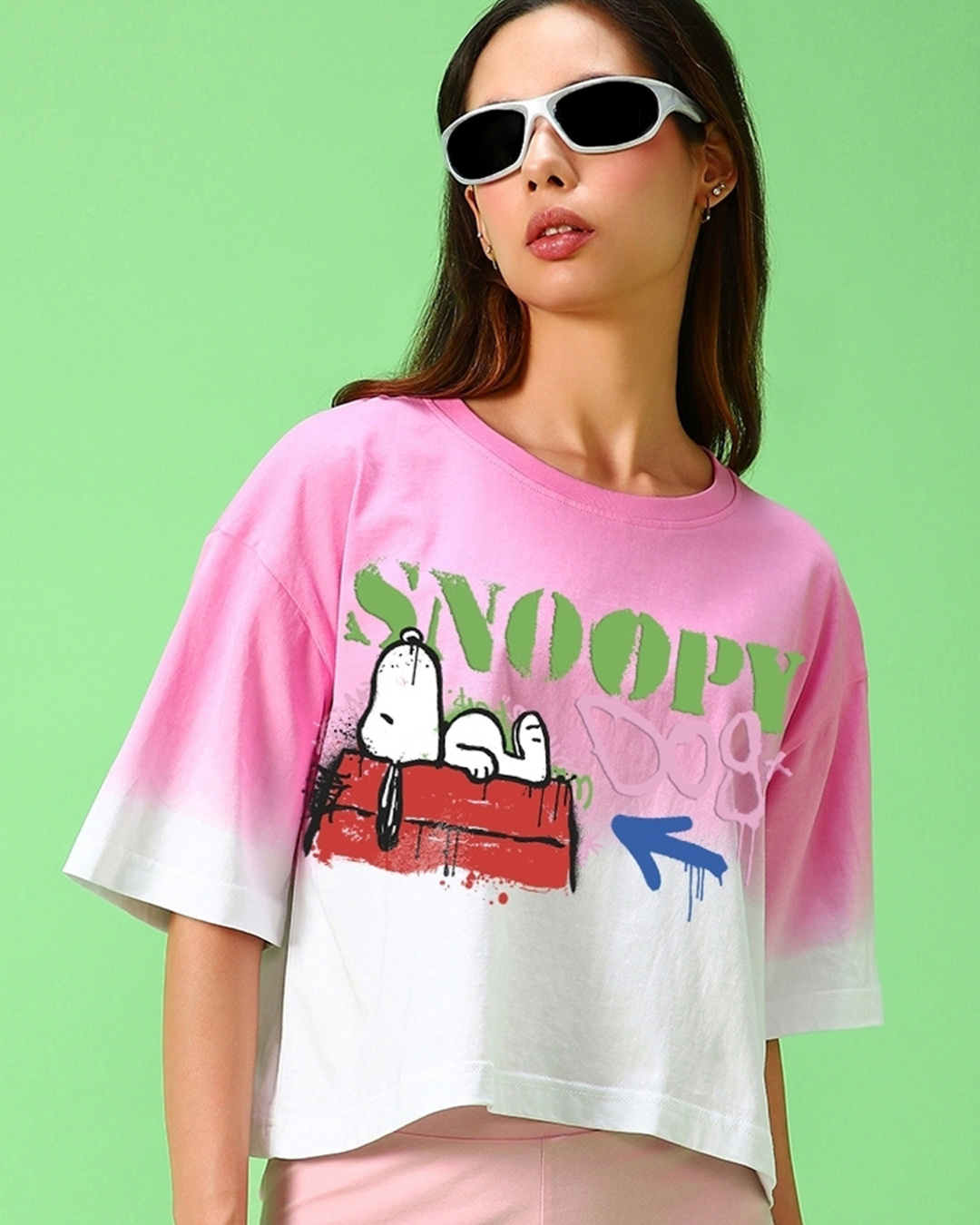 Buy Women's Pink & White Snoopy dog Ombre Oversized Short Top Online at ...