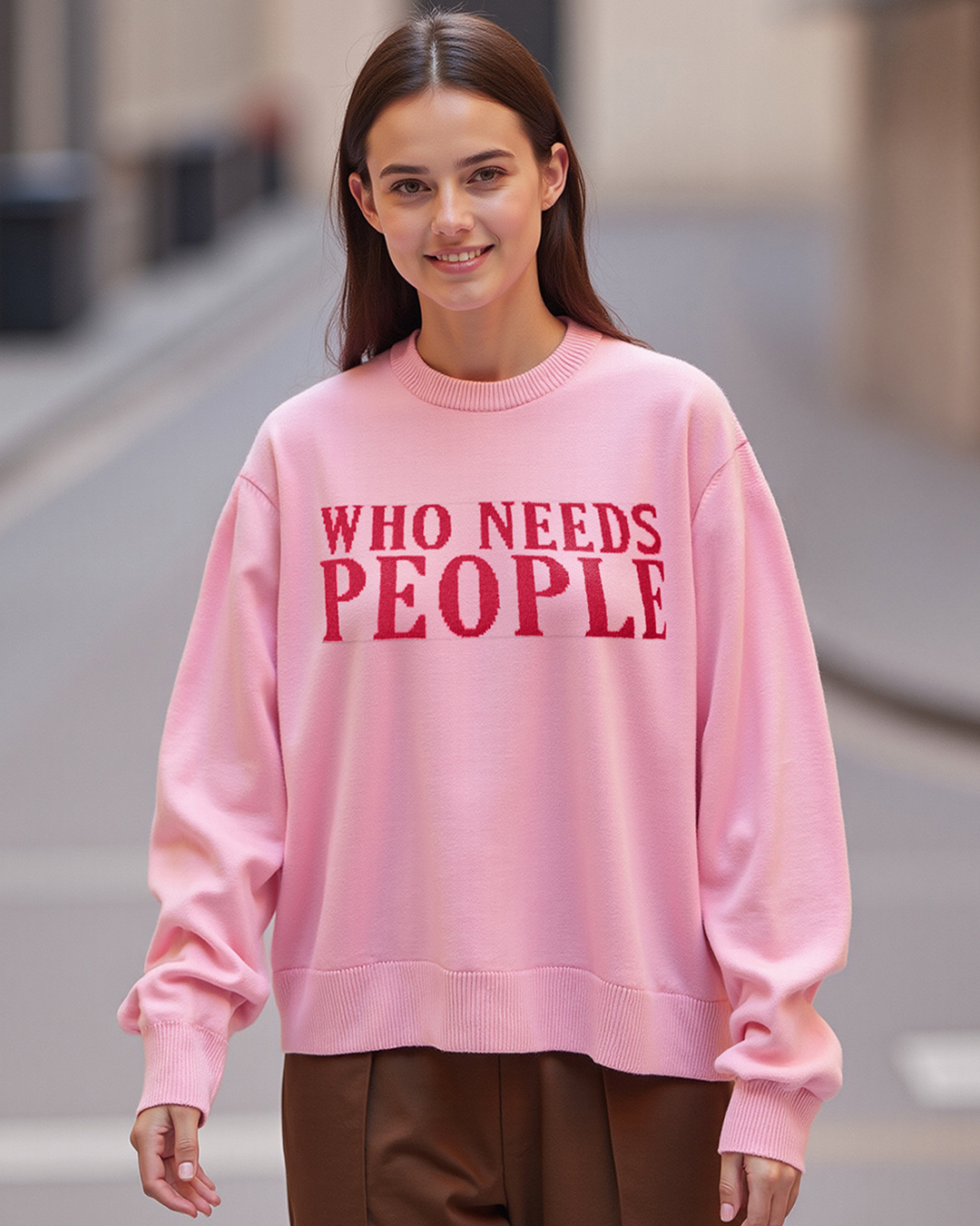 Buy Women's Pink Who Needs People Typography Super Loose Fit Sweater ...