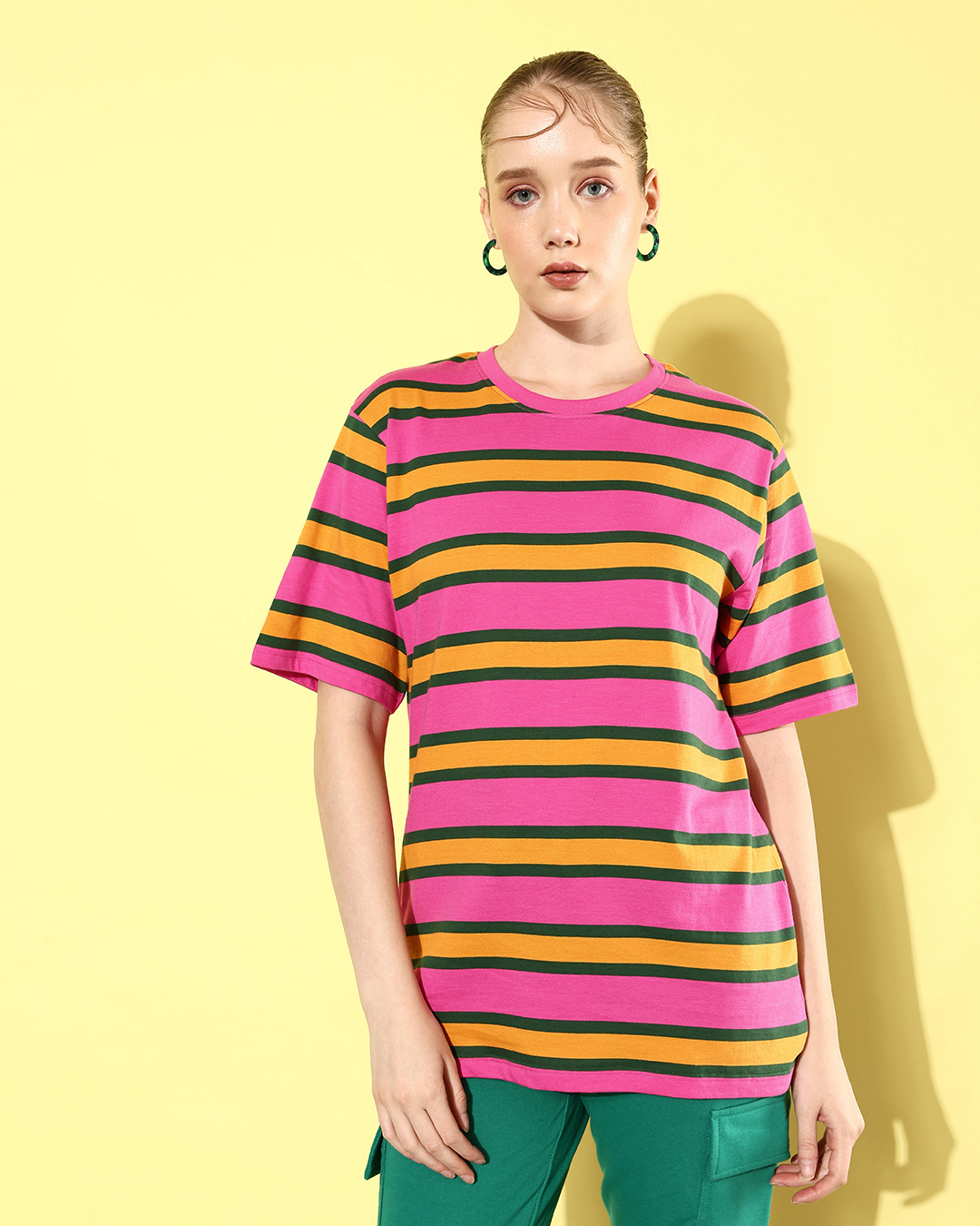 Buy Womens Pink And Yellow Striped Oversized T Shirt Online At Bewakoof