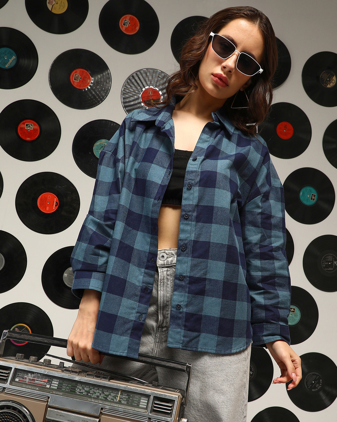Buy Women's Prussian Blue Checked Oversized Shirt Online at Bewakoof
