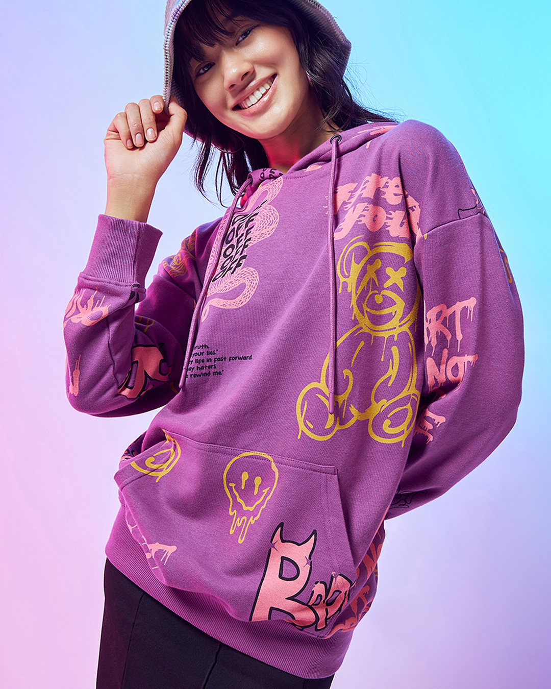 Buy Women's Purple Graphic Printed Oversized Hoodies Online at Bewakoof