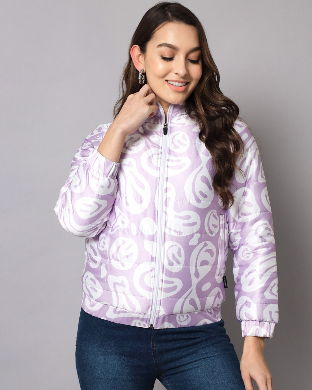 Buy Women's Purple Graphic Printed Puffer Jacket Online at Bewakoof