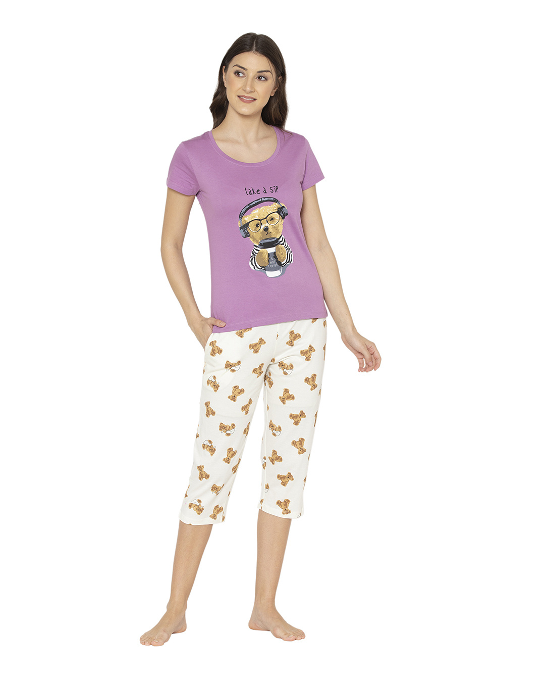 Buy Women's Purple Printed Relaxed Fit Top & Capri Set Online in India ...