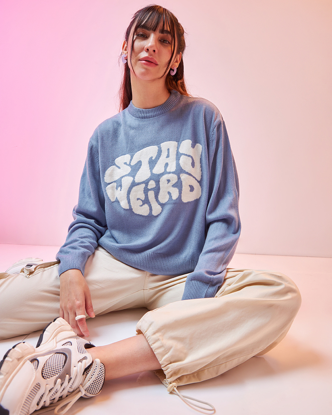 Buy Women's Purple Stay Weird Graphic Printed Super Loose Fit Sweater ...