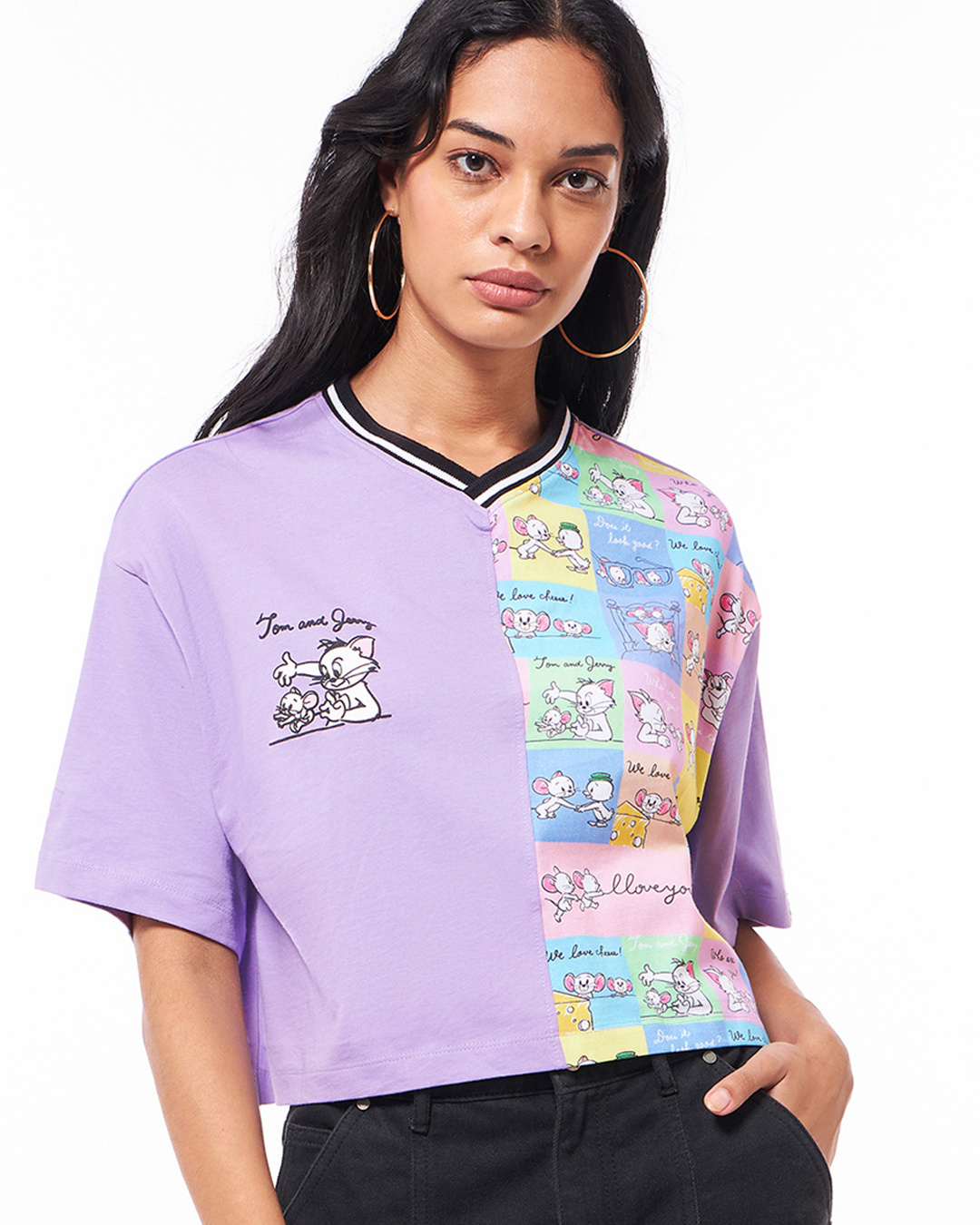 Buy Women's Purple Tom & Jerry Graphic Printed Oversized Crop T-shirt ...