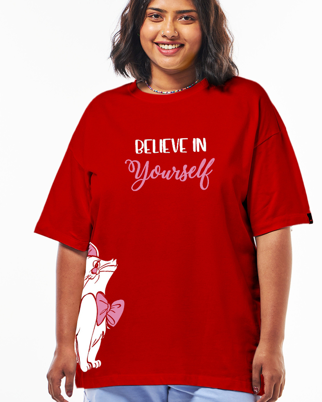 Buy Women's Red Believe Cat Graphic Printed Oversized Plus Size T-shirt Online at Bewakoof