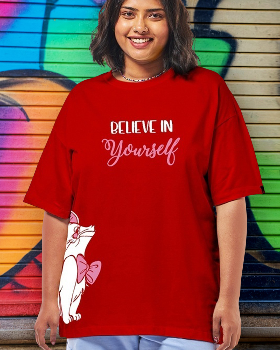 Buy Women's Red Believe Cat Graphic Printed Oversized Plus Size T-shirt Online at Bewakoof