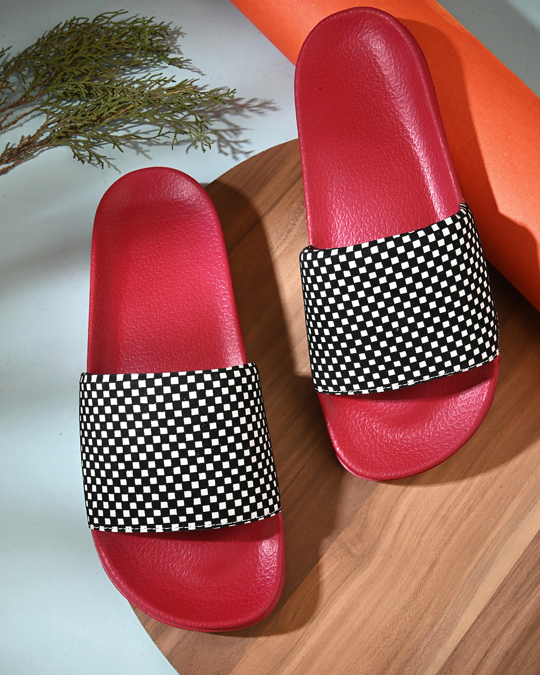 Buy Women's Red Checked Sliders Online in India at Bewakoof