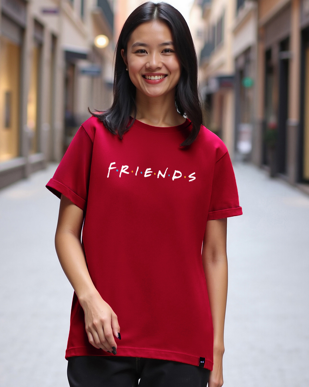 Buy Women's Red Friends Logo (FRL) Typography Boyfriend T-shirt Online ...