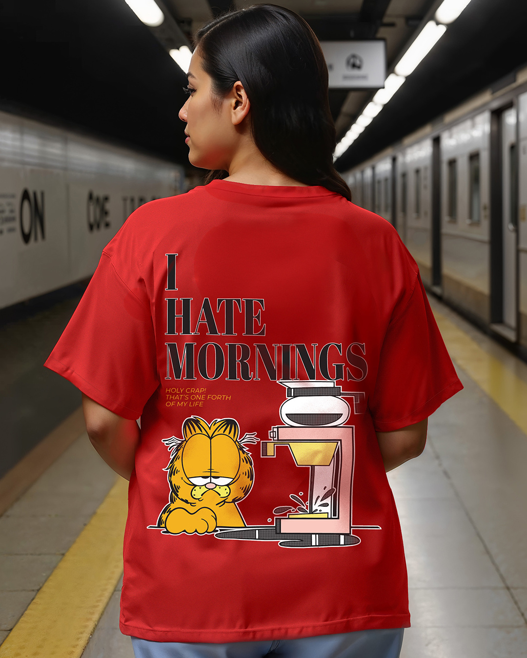 Buy Women's Red Garfield Hates Mornings Graphic Printed Oversized Plus ...
