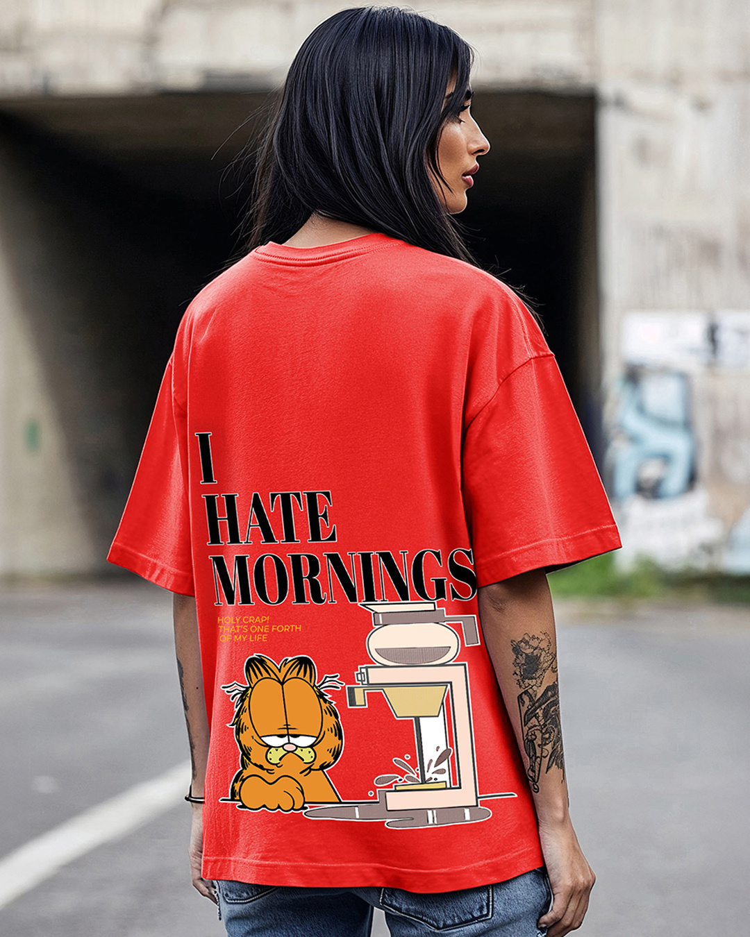 Buy Women's Red Garfield Hates Mornings Graphic Printed Oversized T ...