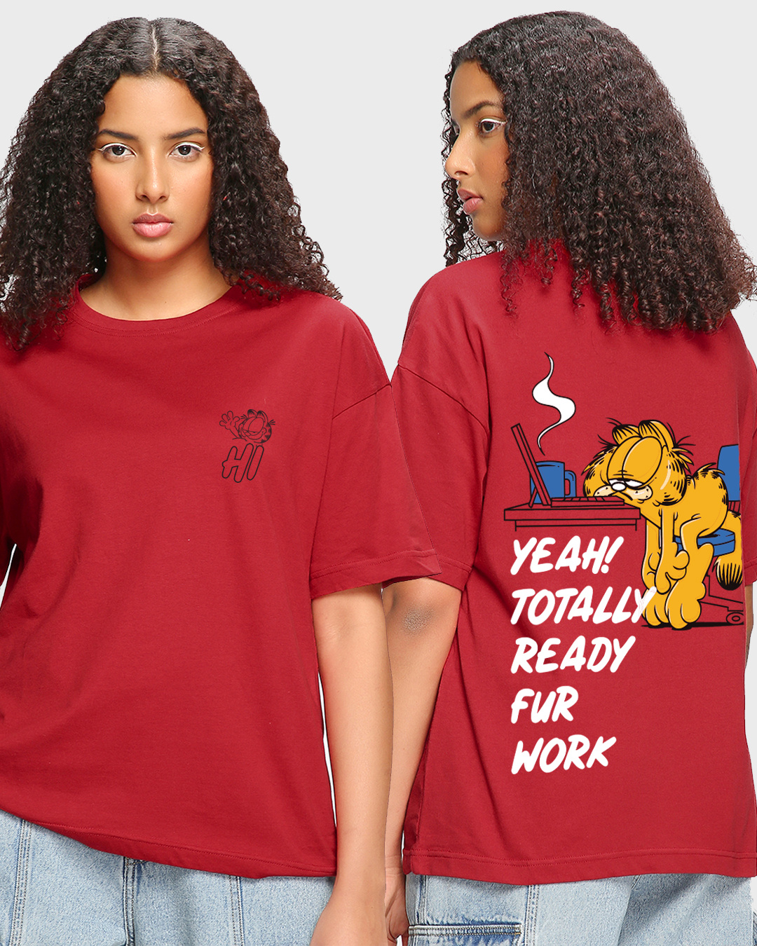 Buy Women's Red Lazy Garfield Graphic Printed Oversized T-shirt for ...