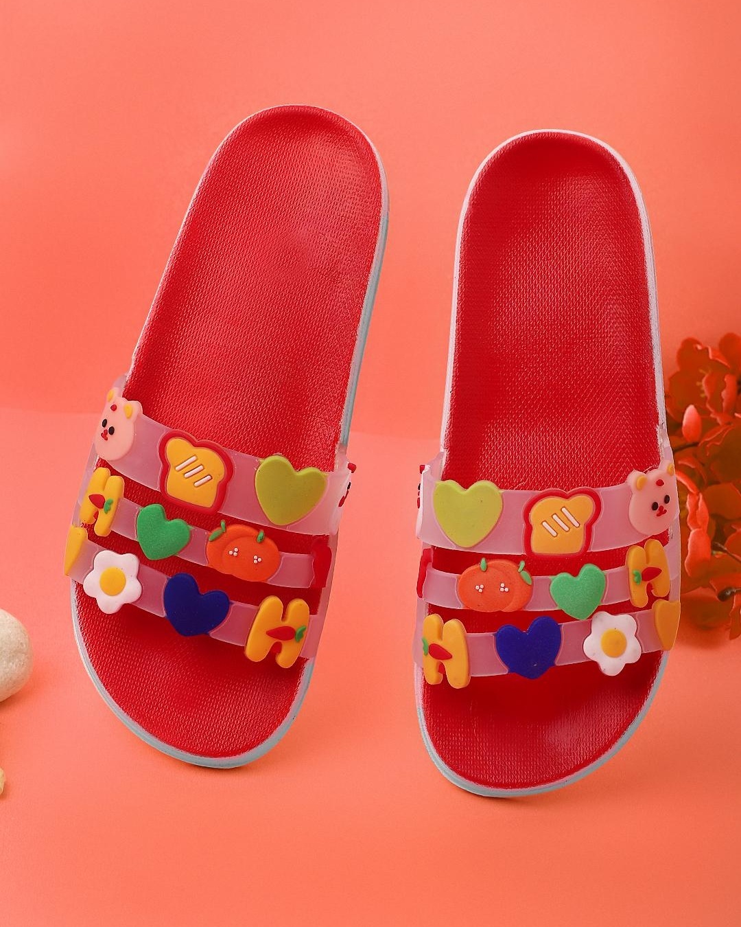 Buy Women's Red Mix Veg Self Design Sliders Online in India at Bewakoof