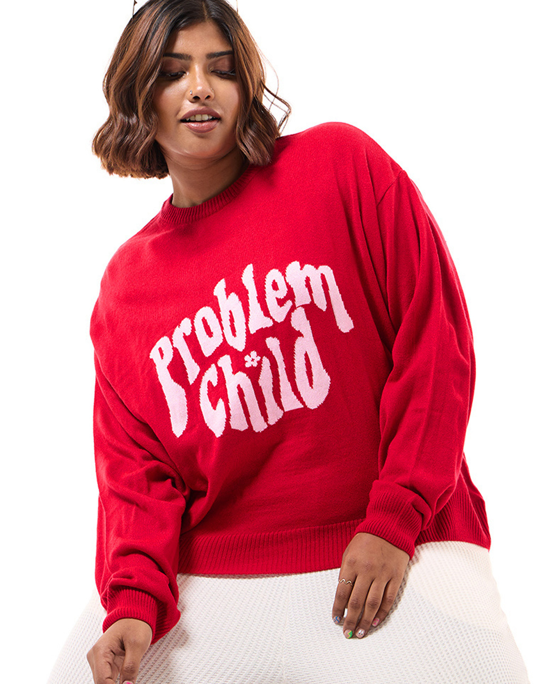 Buy Women's Red Problem Child Typography Super Loose Fit Plus Size ...