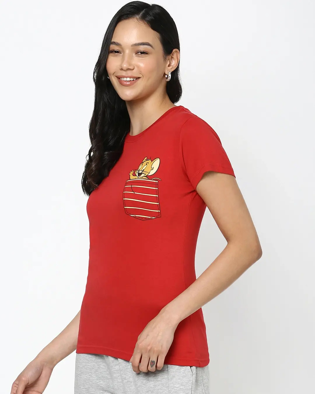 Buy Women's Red Pocket Jerry (TJL) Graphic Printed Slim Fit T-shirt for ...
