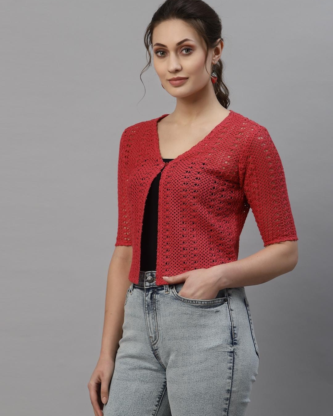 Buy Women's Red Self Design Crop Shrug for Women Red Online at Bewakoof