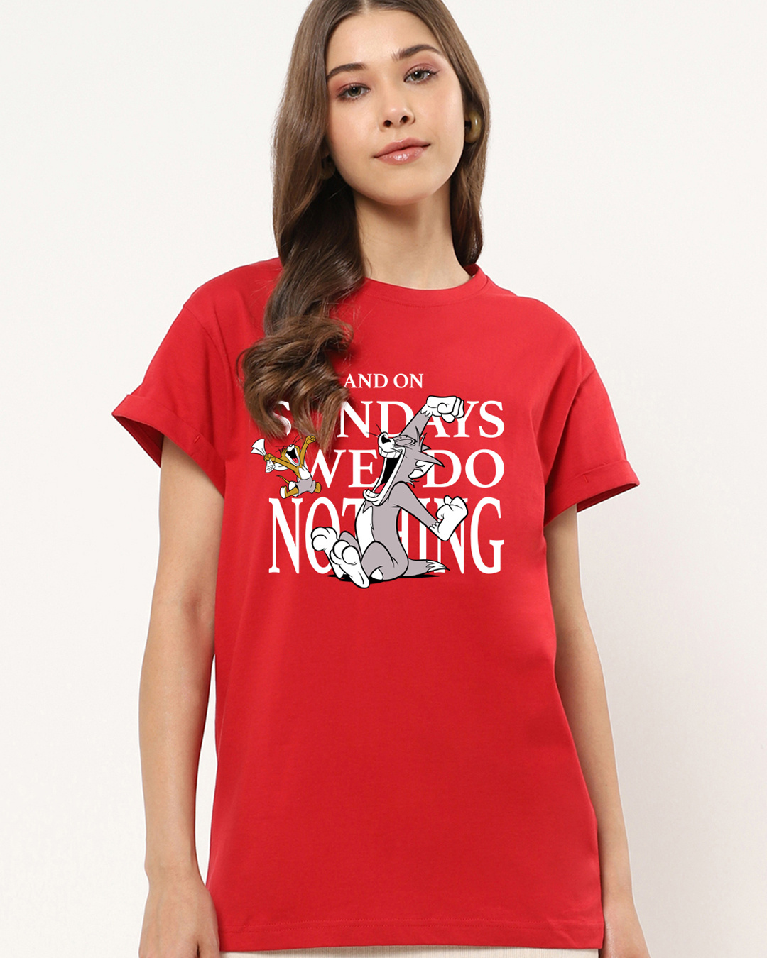 Buy Women's Red Sundays We Do Nothing Graphic Printed Boyfriend T-shirt ...