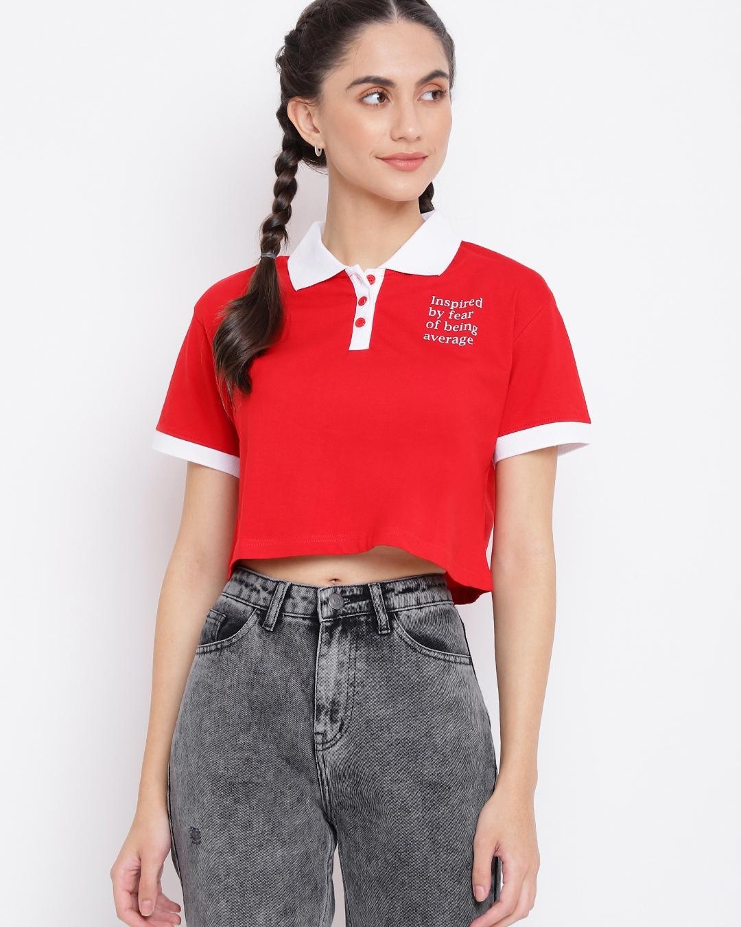 Buy Women's Red Typography Crop Polo T-shirt Online at Bewakoof