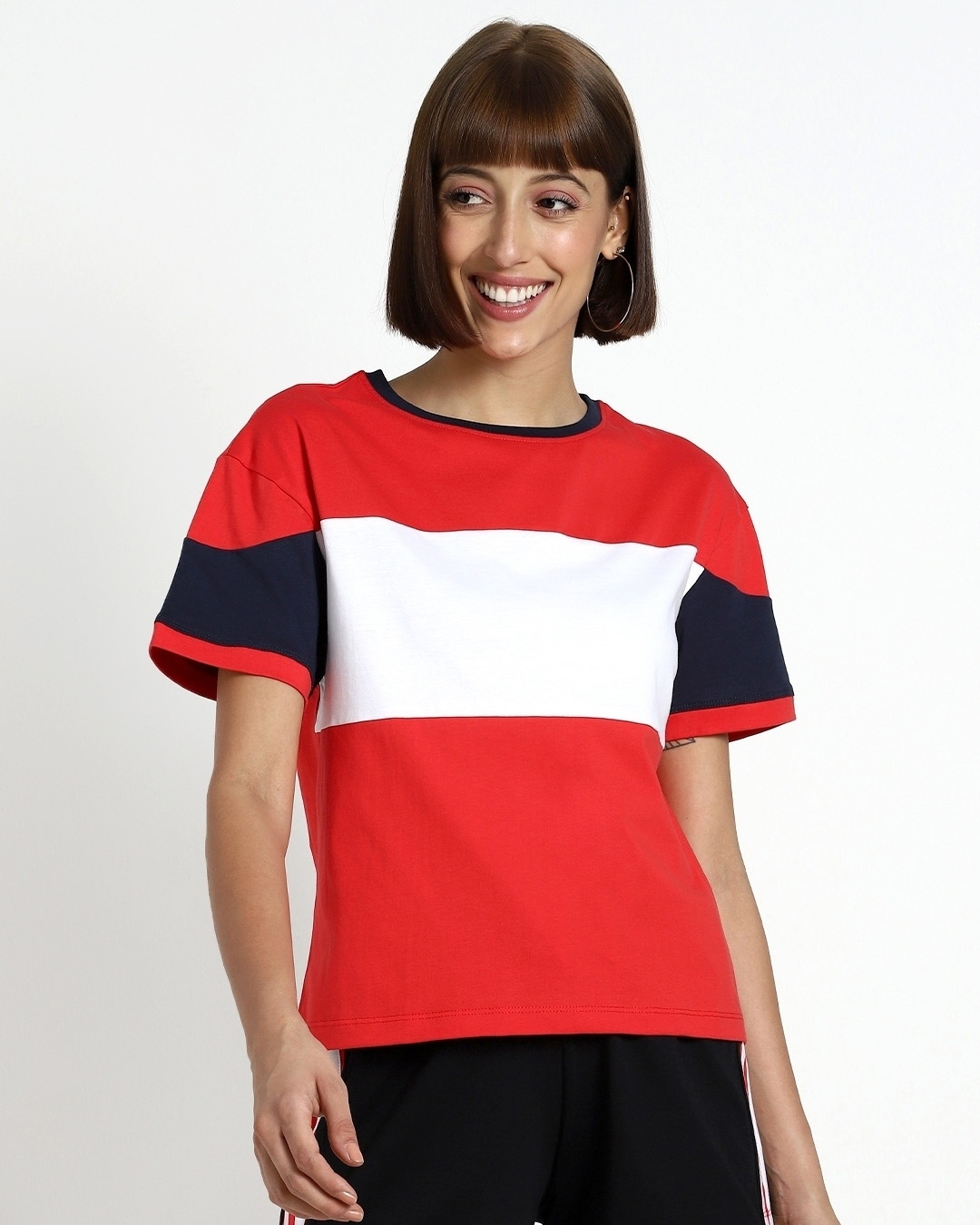 Buy Women's Retro Red Color Block Relaxed Fit Short Top Online at Bewakoof
