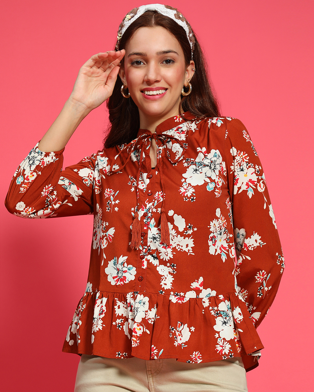 Buy Women's Rust Orange Floral Printed Top Online at Bewakoof