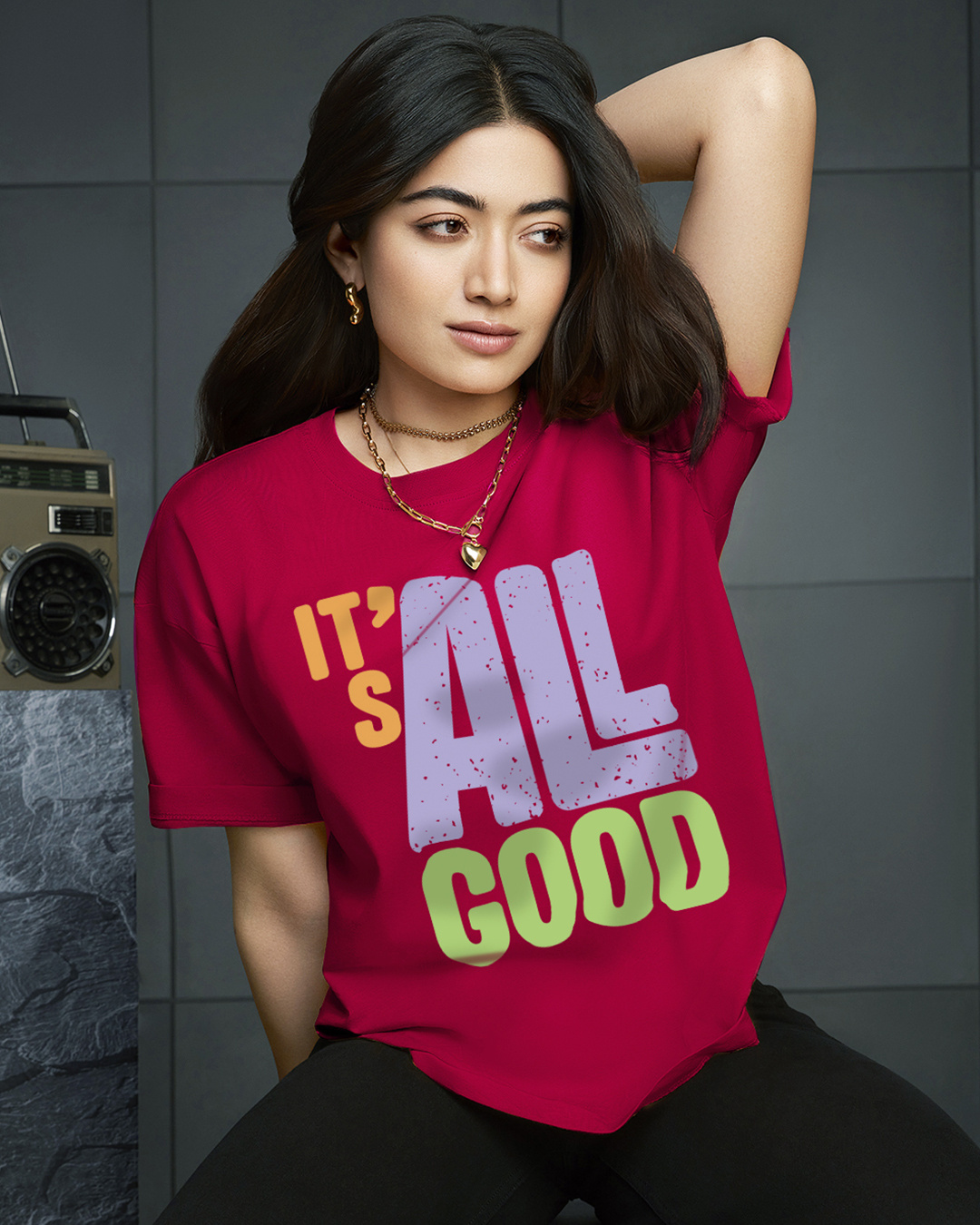 Buy Women's Salsa Red It's All Good Typography Oversized T-shirt Online ...
