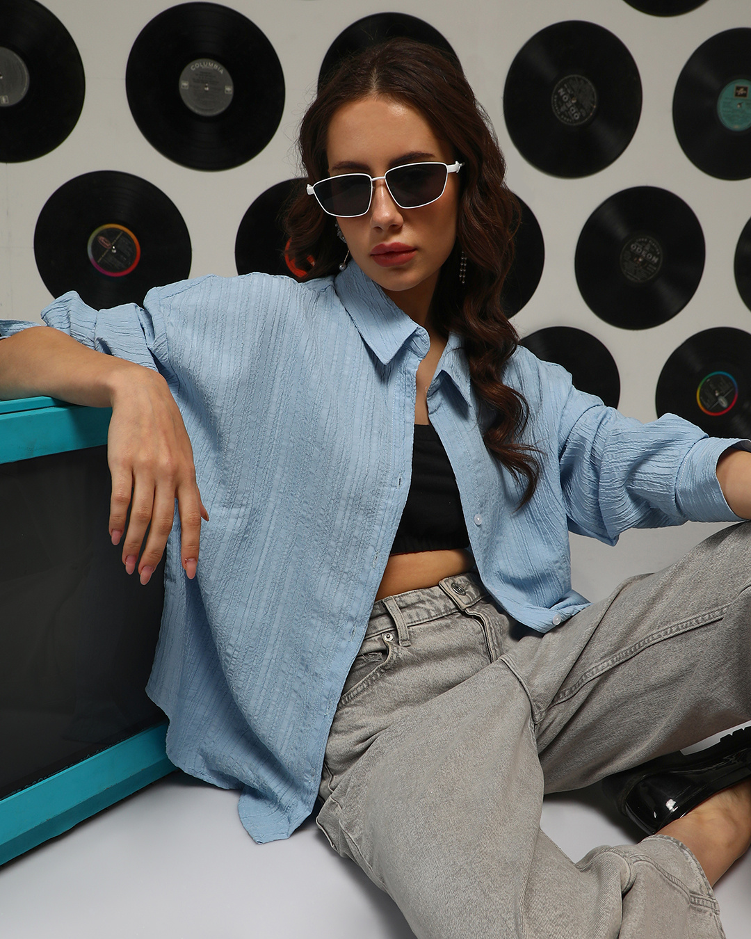 Buy Women's Sky Blue Textured Oversized Shirt Online at Bewakoof