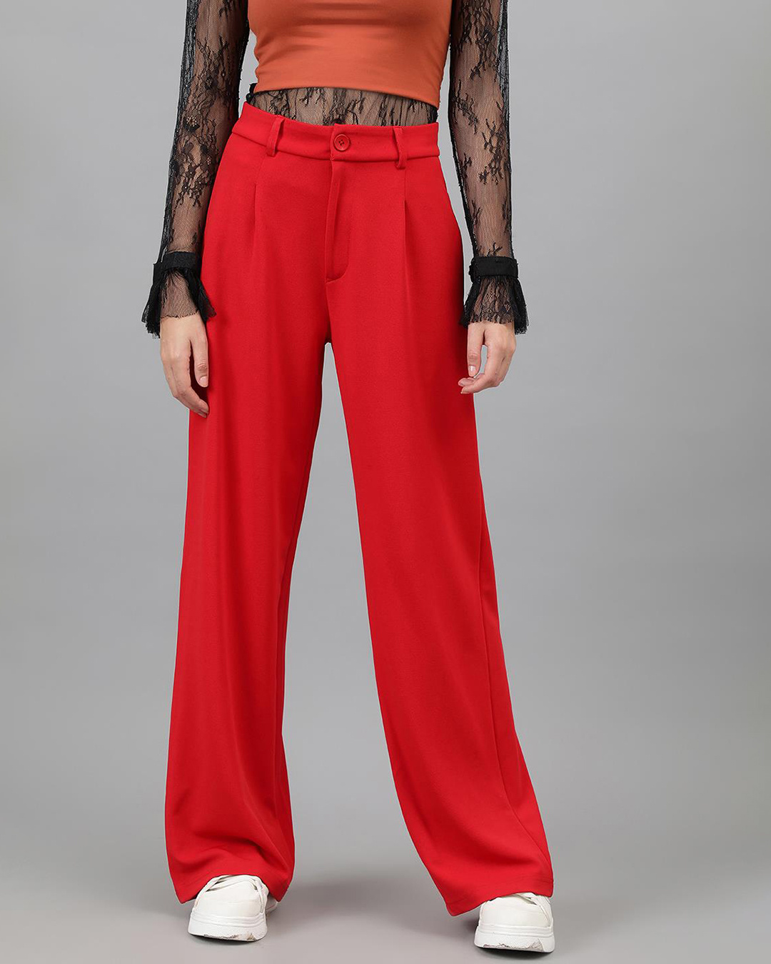 Buy Women's Tomato Red Straight Fit Trousers Online at Bewakoof