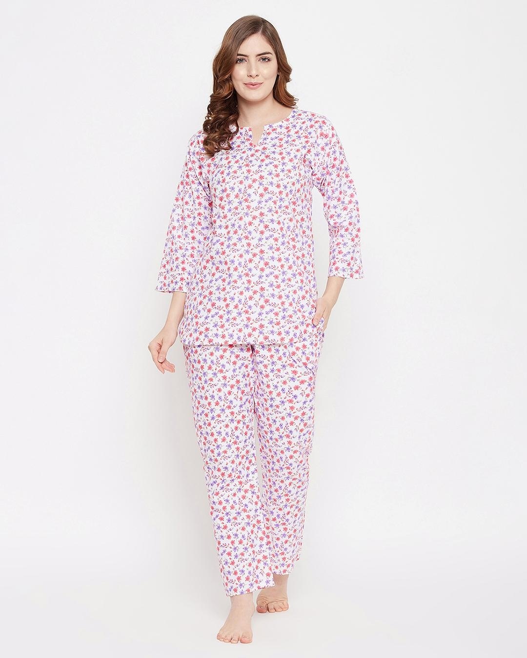 Buy Women's White All Over Floral Printed Top & Pyjama Set Online in ...