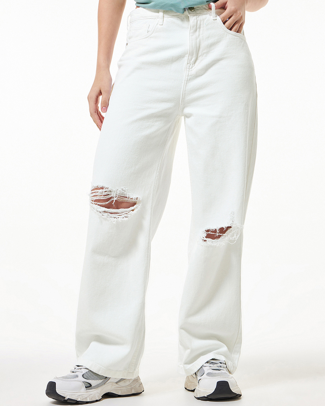 Buy Women's White Baggy Straight Fit Distressed Jeans Online at Bewakoof