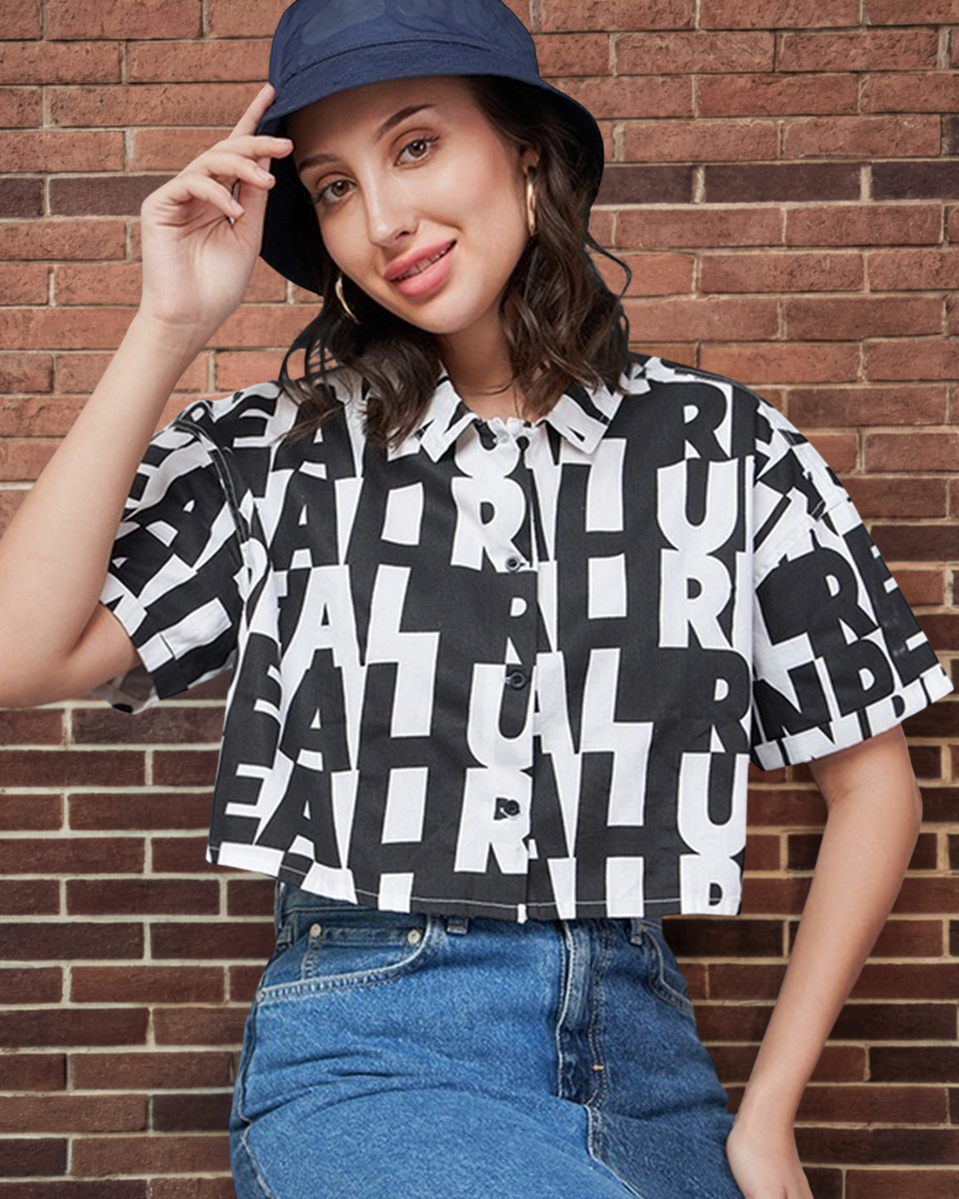 Buy Women's White & Black All Over Printed Oversized Cropped Shirt ...