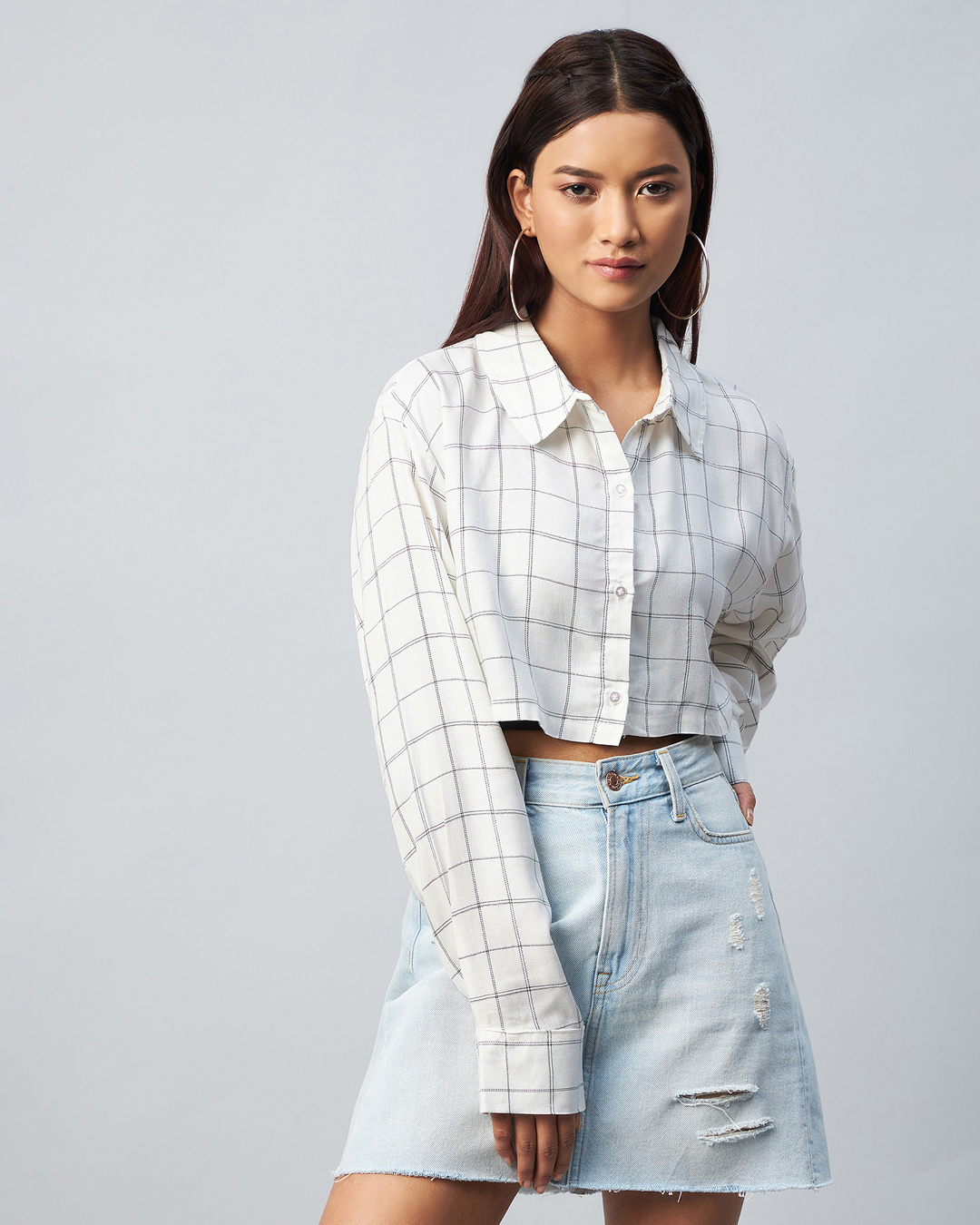 Buy Womens White And Black Checked Boxy Fit Crop Shirt Online At Bewakoof