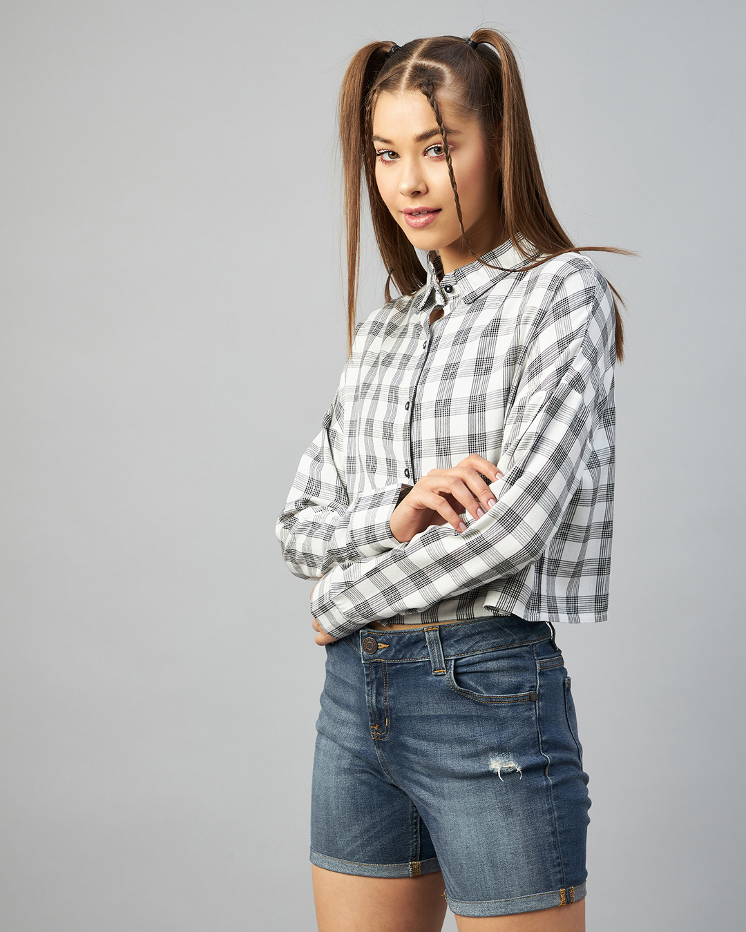 Buy Womens White And Black Checked Boxy Fit Crop Shirt Online At Bewakoof