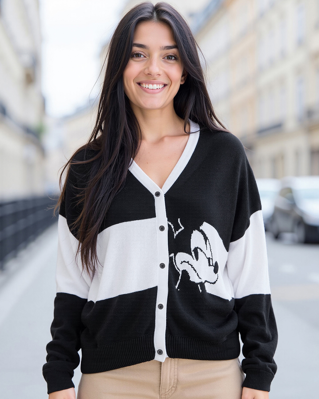 Buy Women's White & Black Mickey Color Block Oversized Sweater Online ...