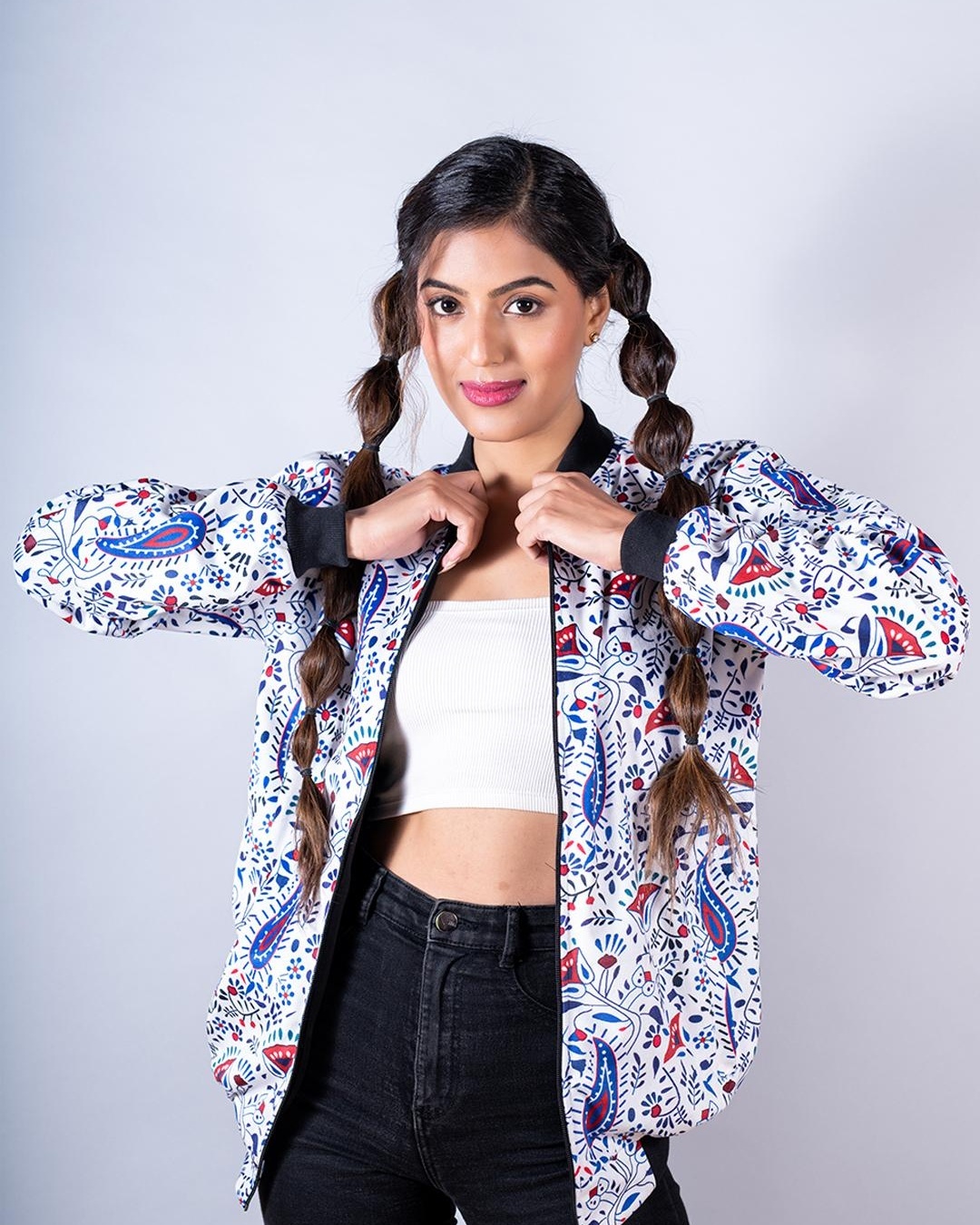 Buy Women's White Ethnic Motif Printed Velvet Bomber Jacket Online at ...