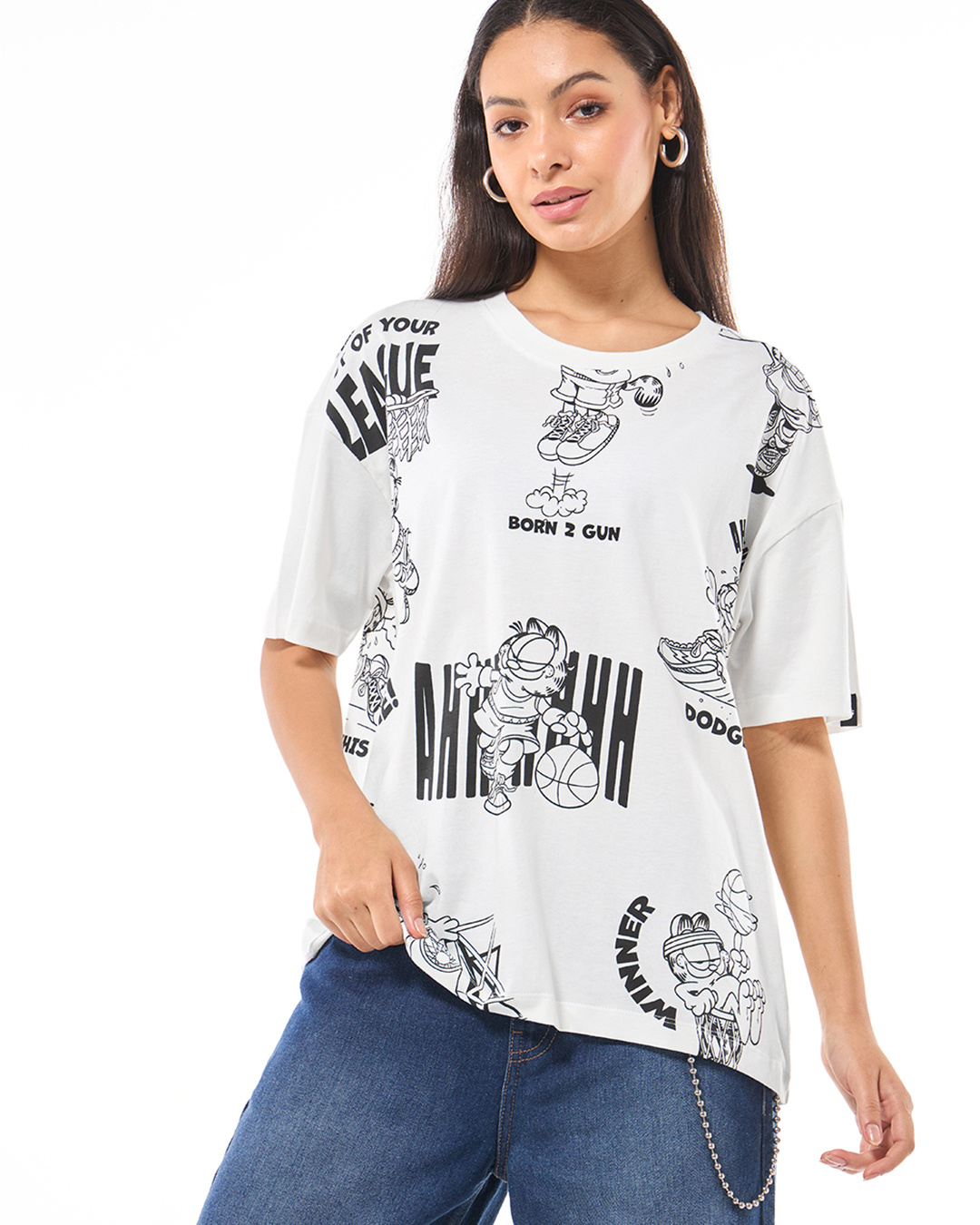 Buy Women's White Garfield League Graphic Printed Oversized T-shirt Online at Bewakoof