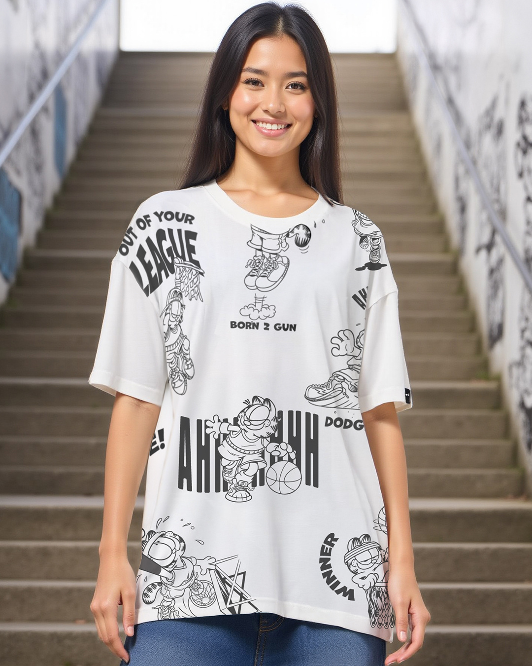 Buy Women's White Garfield League Graphic Printed Oversized T-shirt Online at Bewakoof