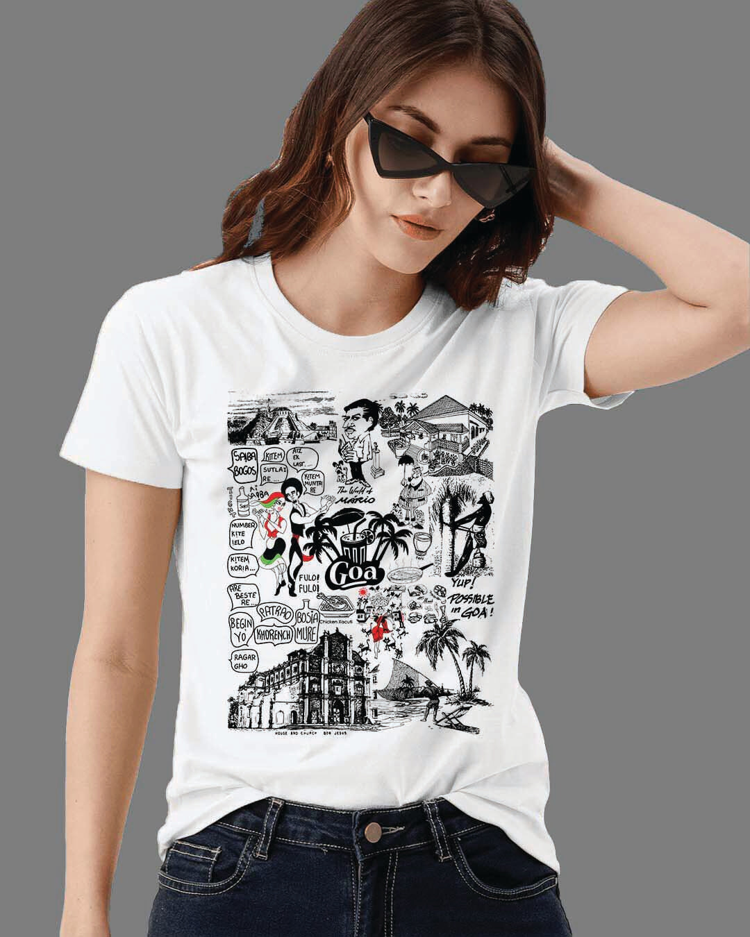 Buy Women's White Goa Travel Doodle Premium Cotton T-shirt Online at ...