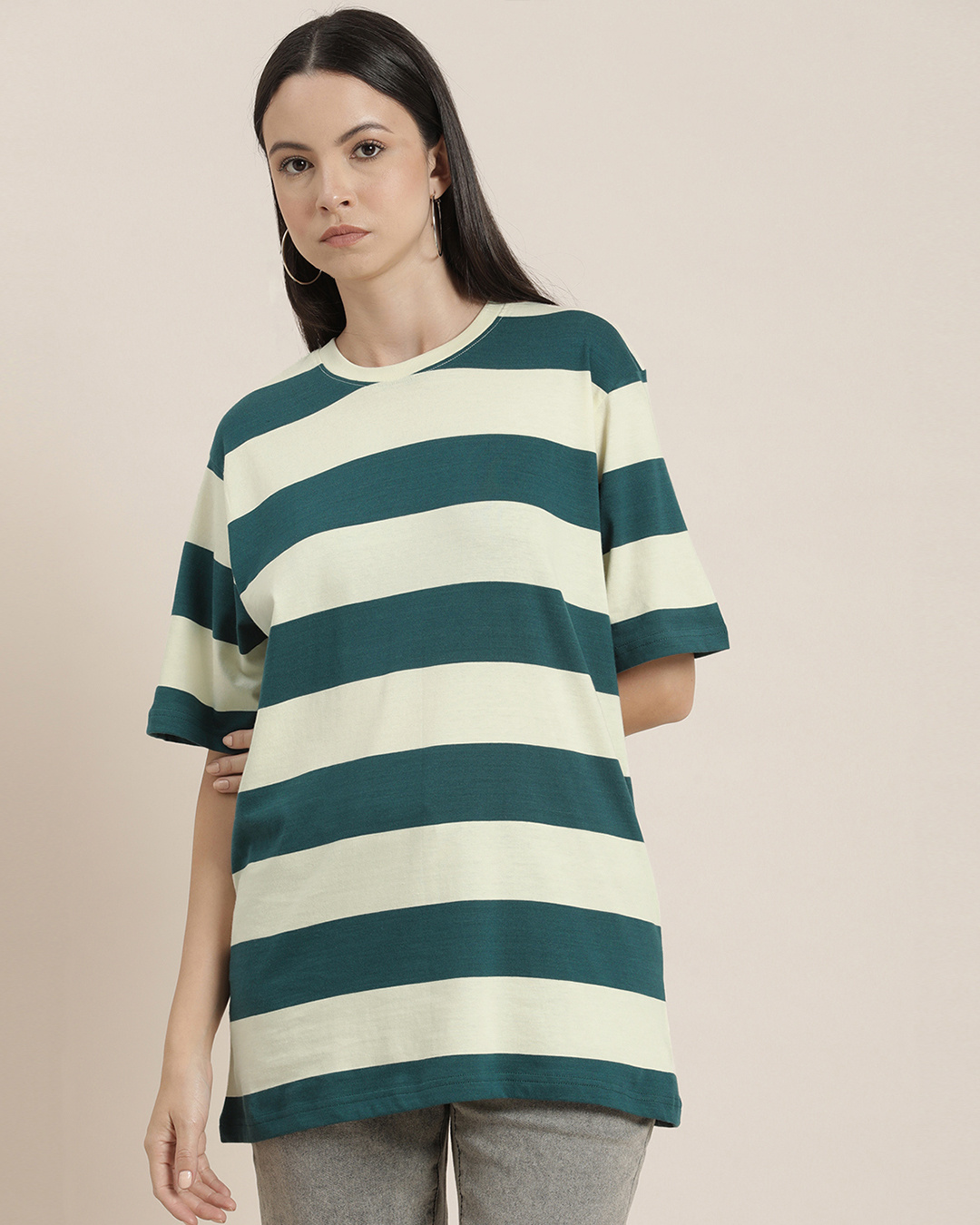 Buy Womens White And Green Striped Oversized T Shirt Online At Bewakoof