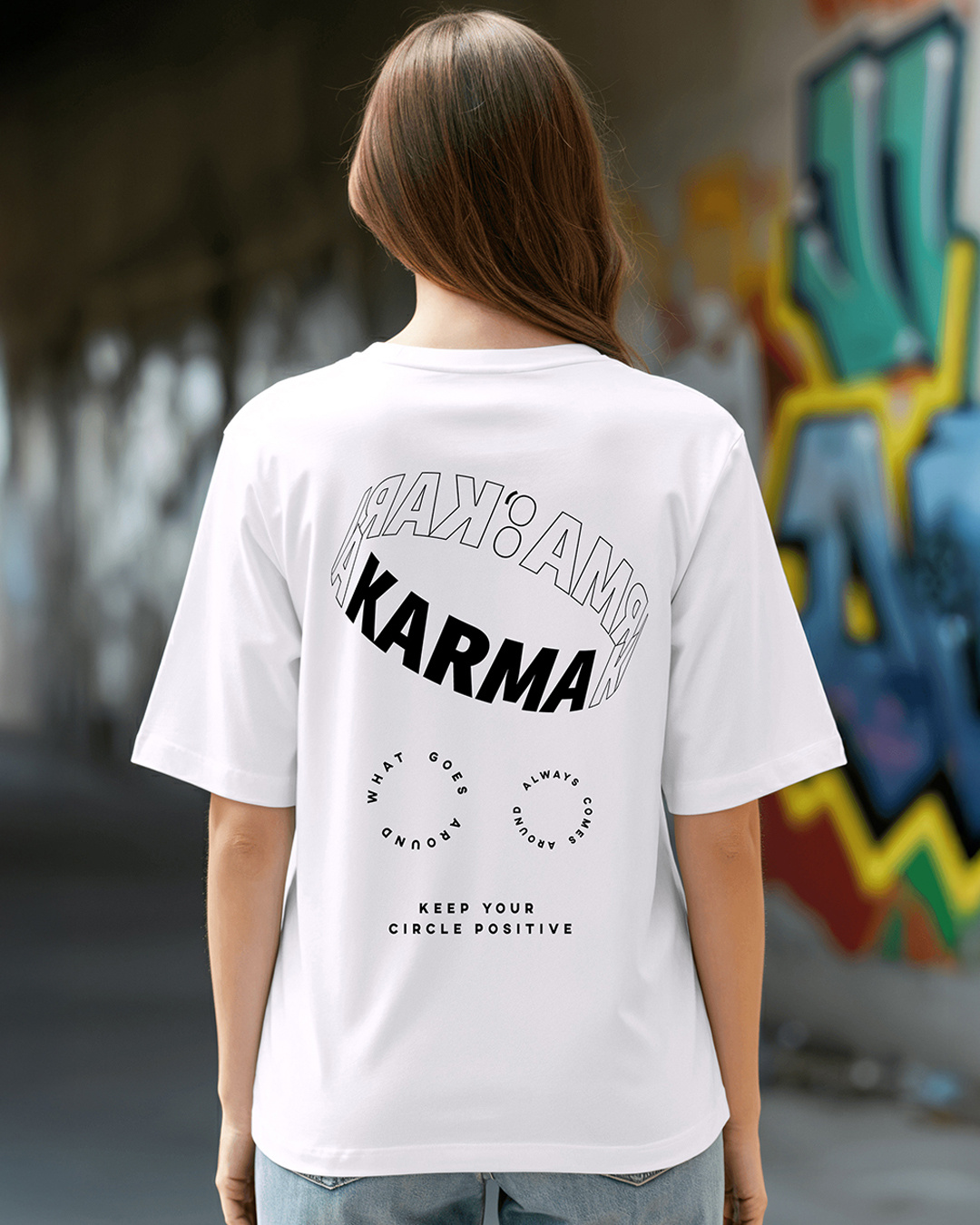 Buy Women's White Karma Circles Graphic Printed Oversized T-shirt Online at Bewakoof