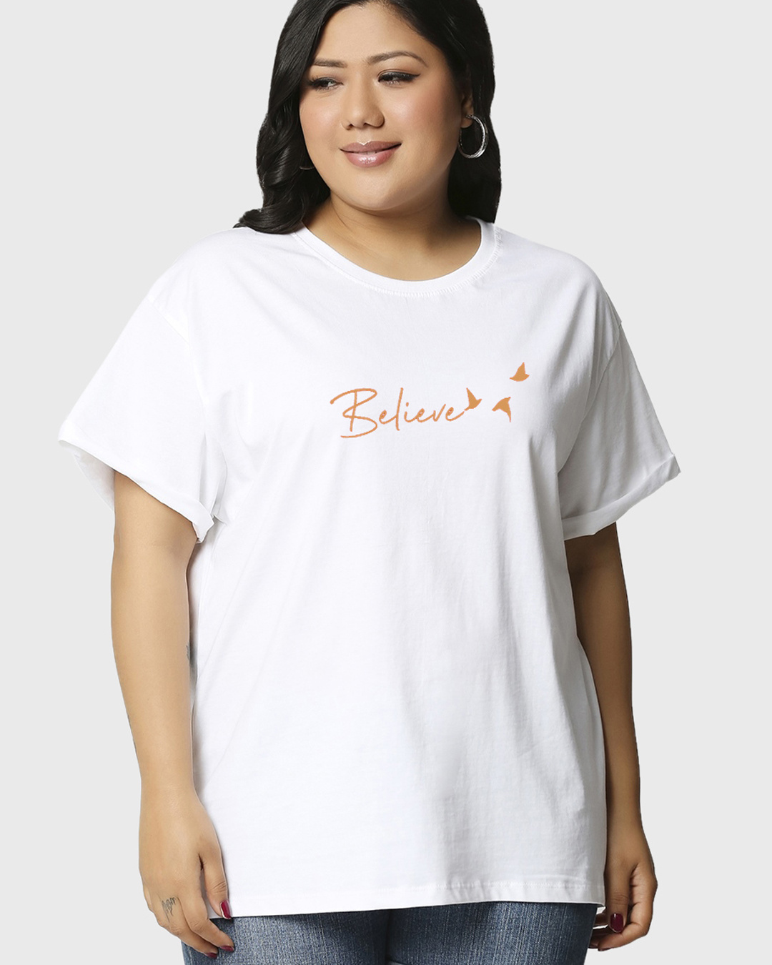 Buy Women's White Minimal Believe Graphic Printed Plus Size Boyfriend T ...