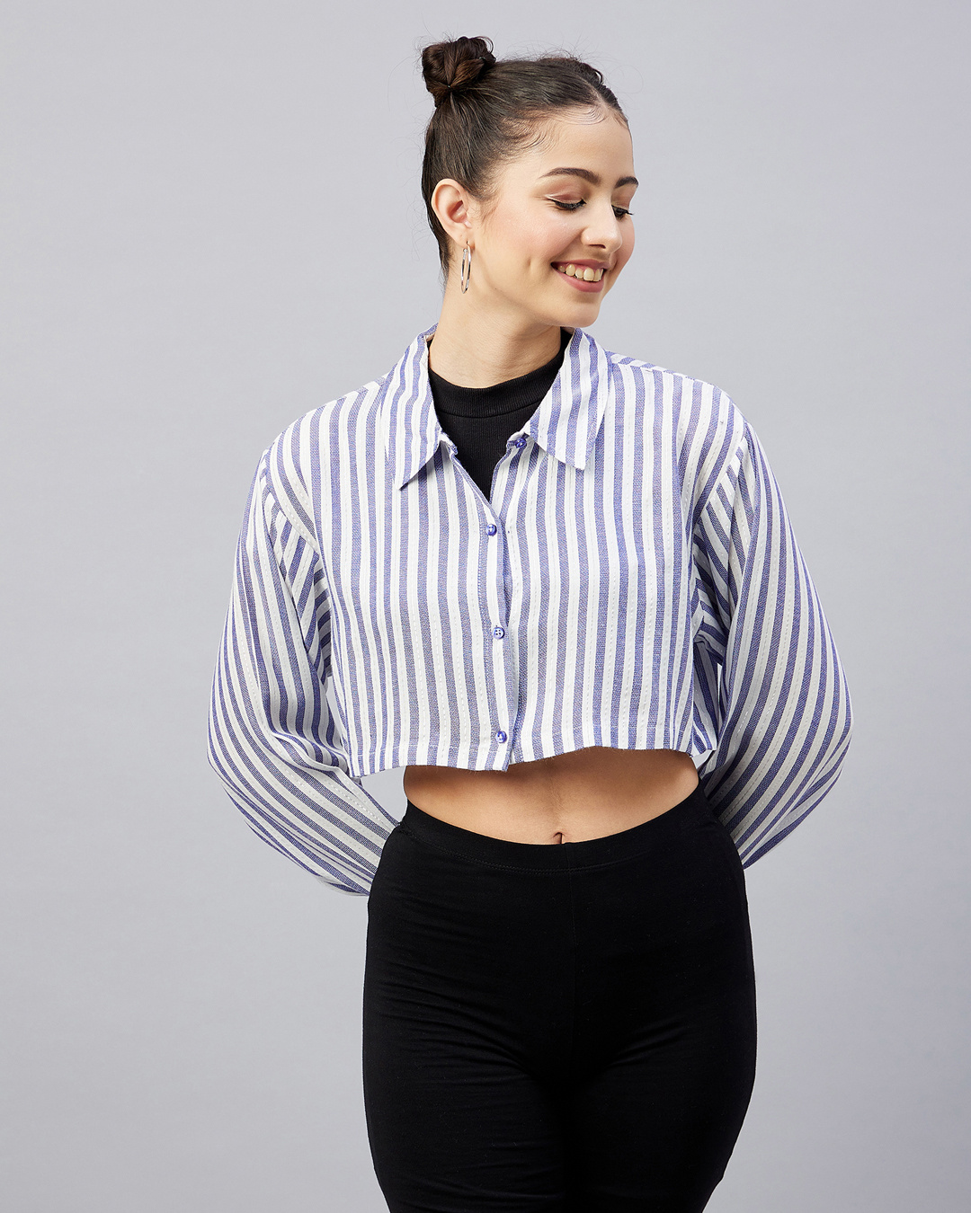 Buy Women's Navy Blue & White Striped Crop Shirt Online at Bewakoof