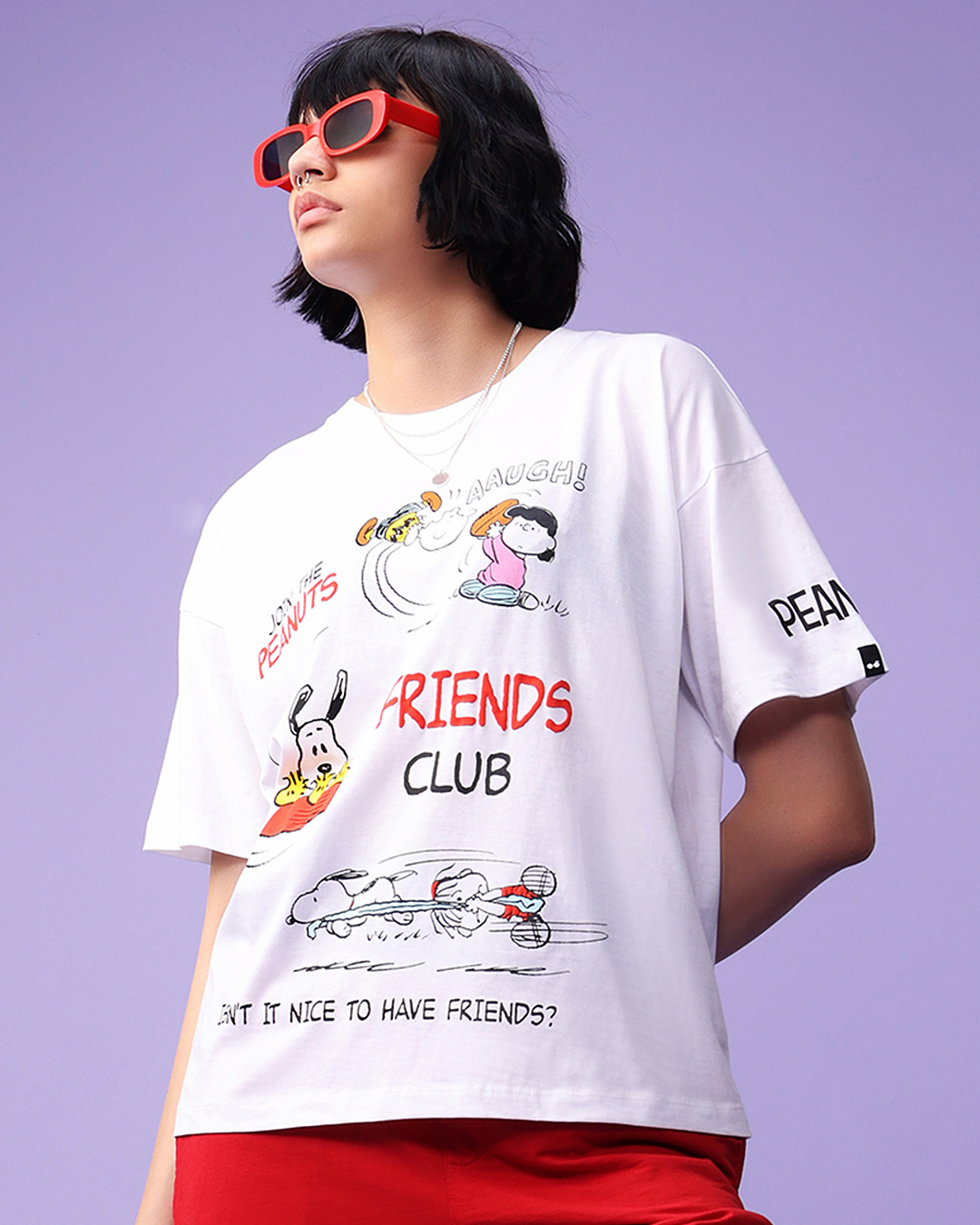 Buy Women's White Peanuts Friends Club Graphic Printed Oversized T ...