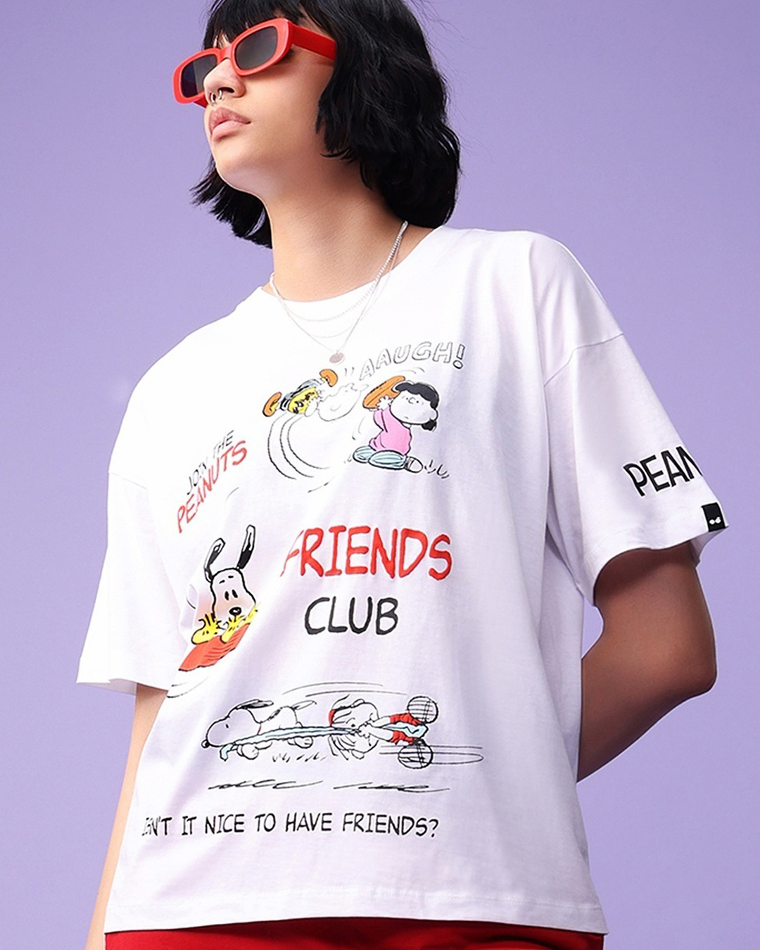 Buy Women's White Peanuts Friends Club Graphic Printed Oversized T ...