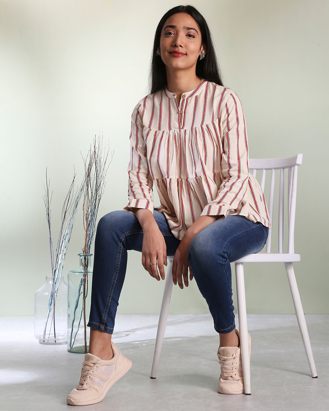 Buy Women's White & Red Stripe Tier Top Online at Bewakoof