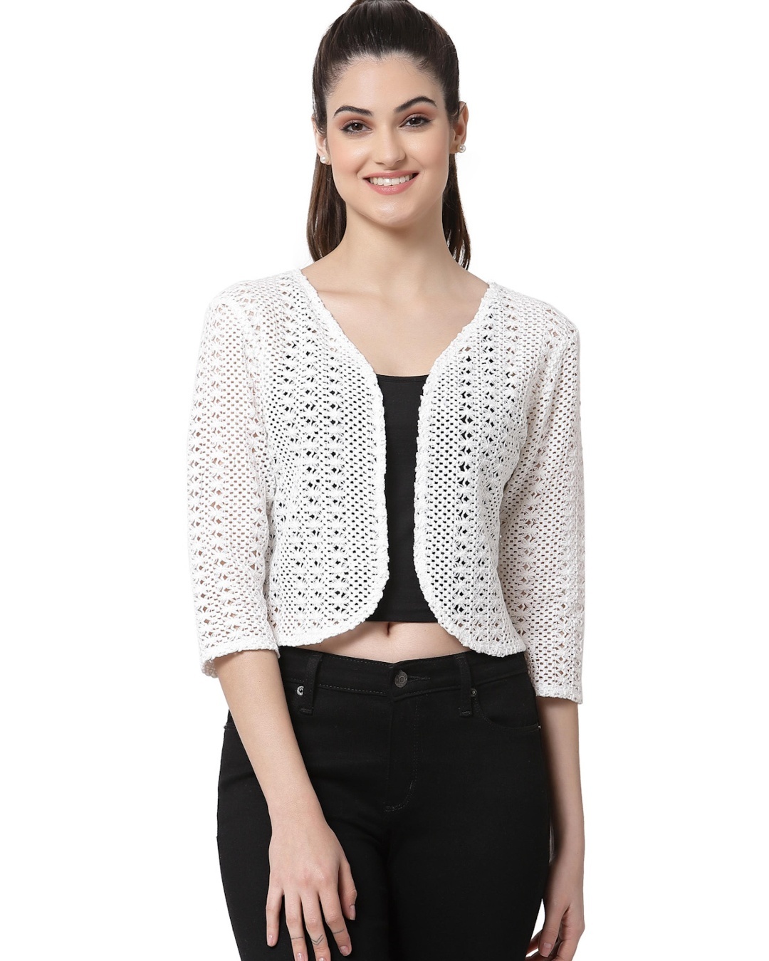 Buy Women's White Self Design Crop Shrug Online at Bewakoof