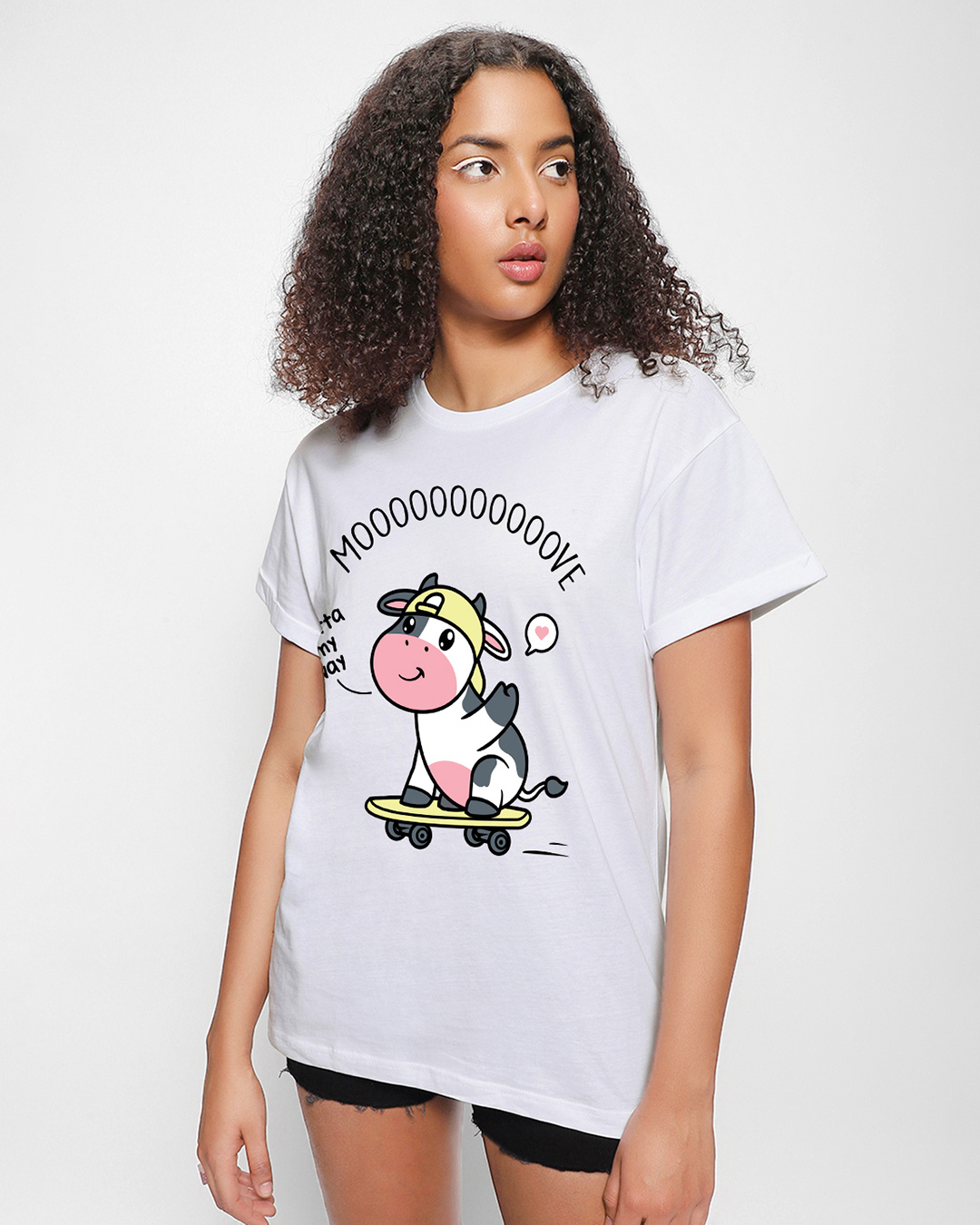 Buy Women's White Skater Moo Graphic Printed Boyfriend T-shirt Online ...