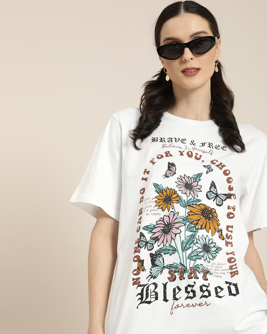 Buy Women's White Stay Blessed Typography Oversized T-shirt Online at ...