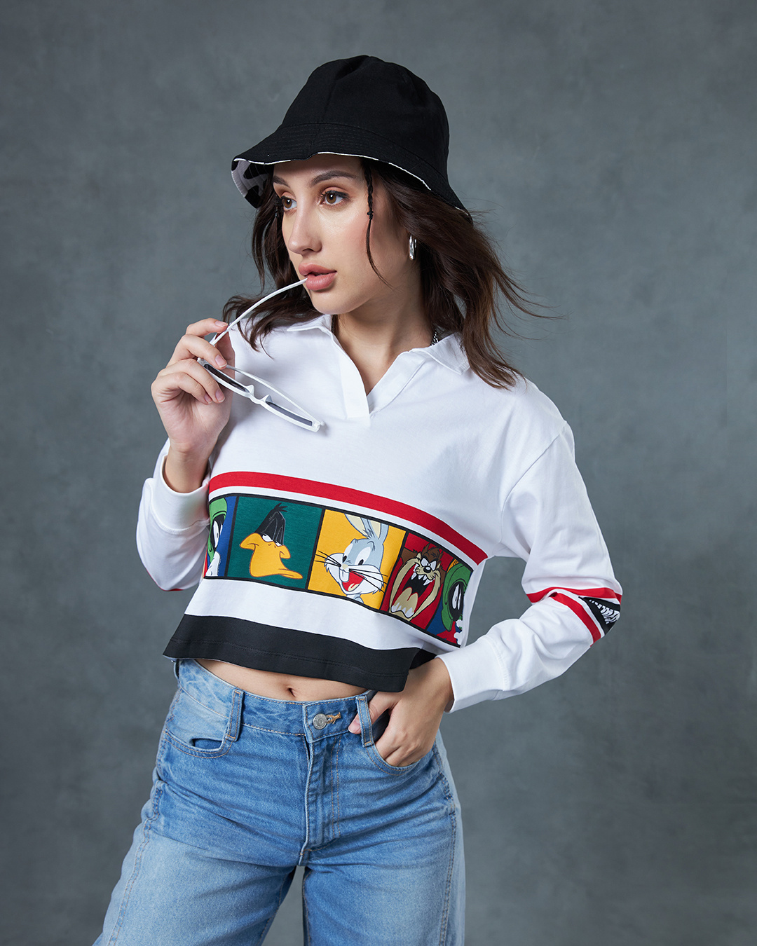 Buy Women's White Looney Tunes Graphic Printed Oversized Polo Short Top ...